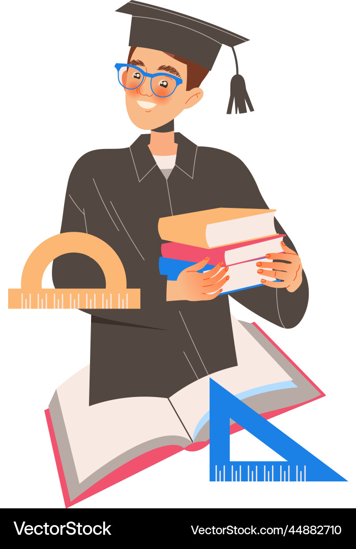 Male student character learning wearing graduation
