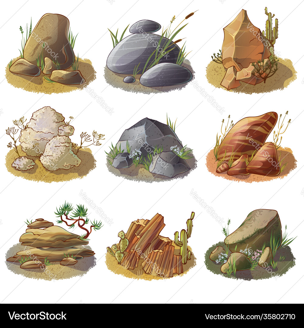 Mineral stones on ground collection Royalty Free Vector