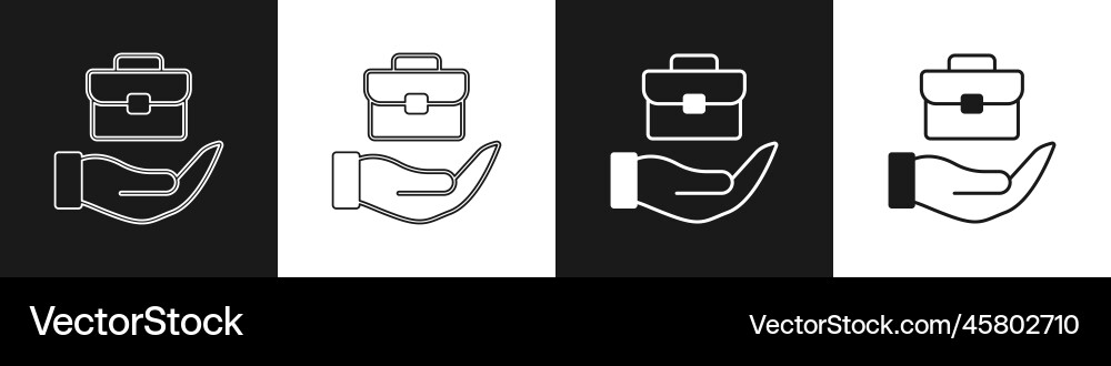 Set hand holding briefcase icon isolated on black Vector Image