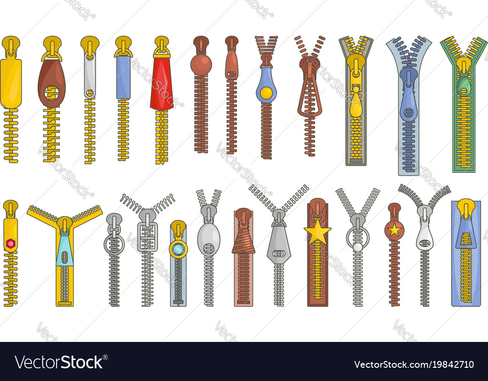 Zipper puller lock icons set cartoon style Vector Image