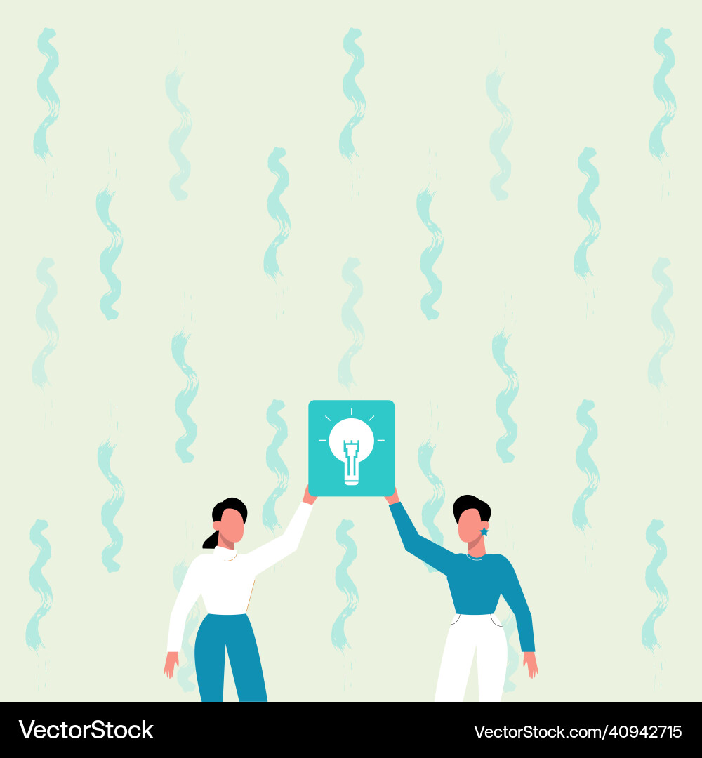Two colleagues holding lamp presenting new Vector Image