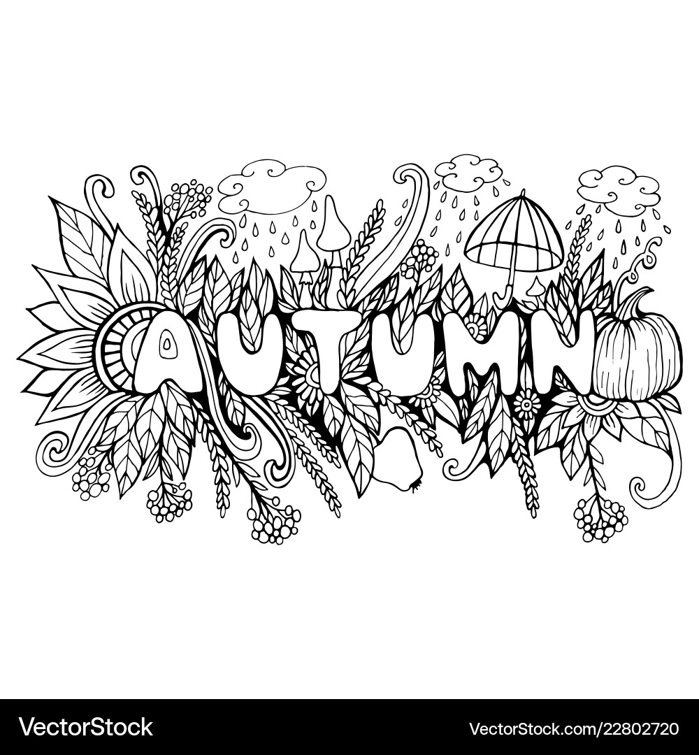 Cartoon autumn word with doodle elements pumpkin Vector Image