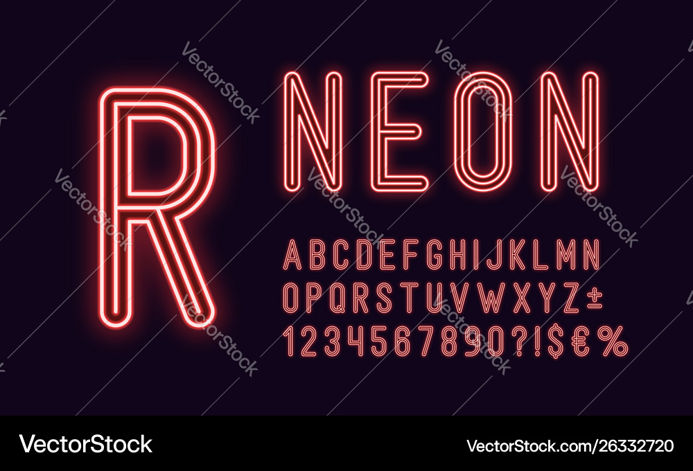Neon rounded alphabet red color outlined font Vector Image