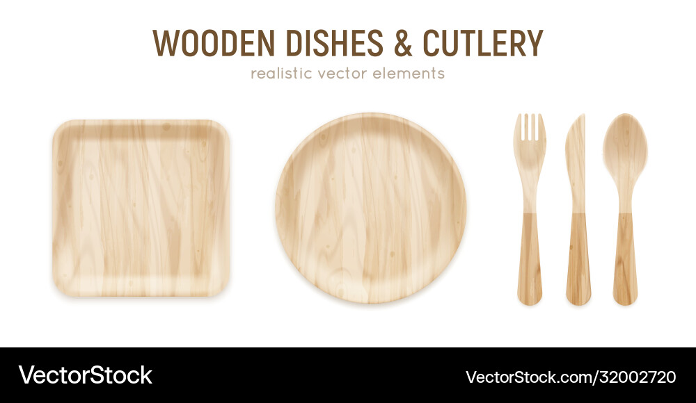 Wooden cutlery realistic set Royalty Free Vector Image