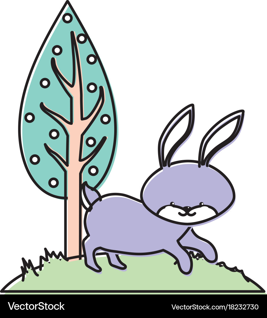 Cute rabbit wild animal next to tree Royalty Free Vector