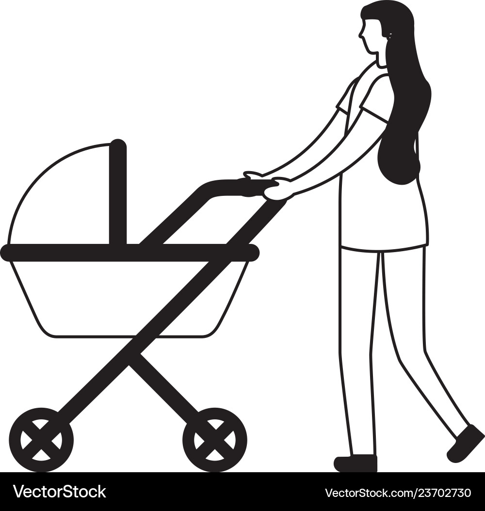 Mom pushing baby pram Royalty Free Vector Image