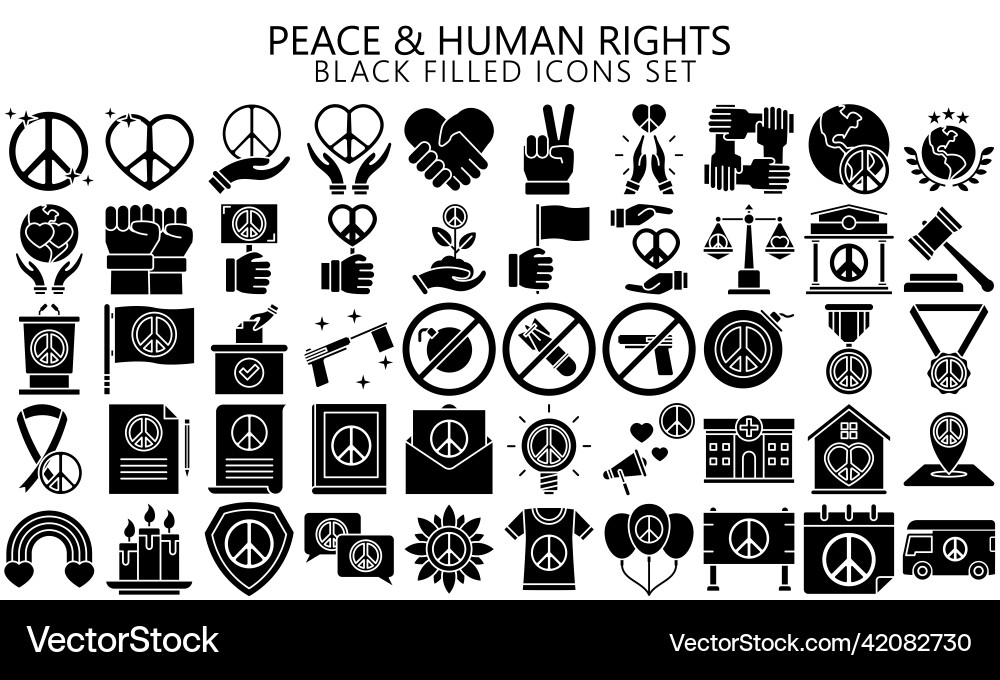 Peace and human rights black filled icon set Vector Image