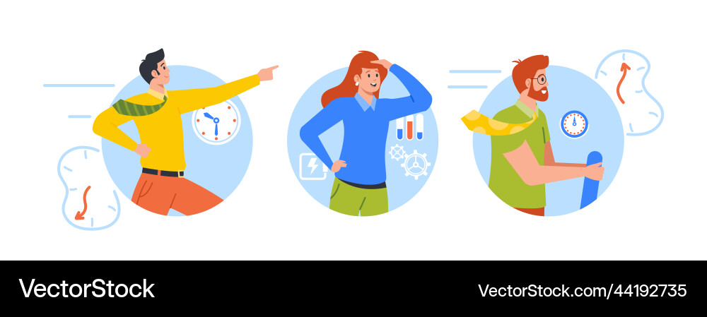 Business characters team flying in time machine Vector Image