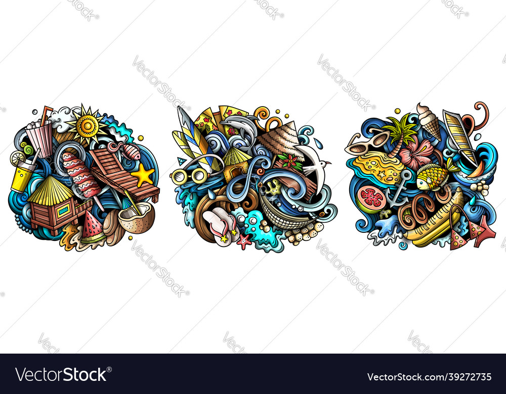 Summer beach cartoon doodle designs set Royalty Free Vector