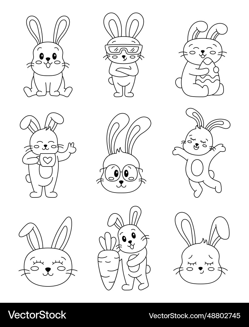 Cute cartoon rabbits coloring page Royalty Free Vector Image