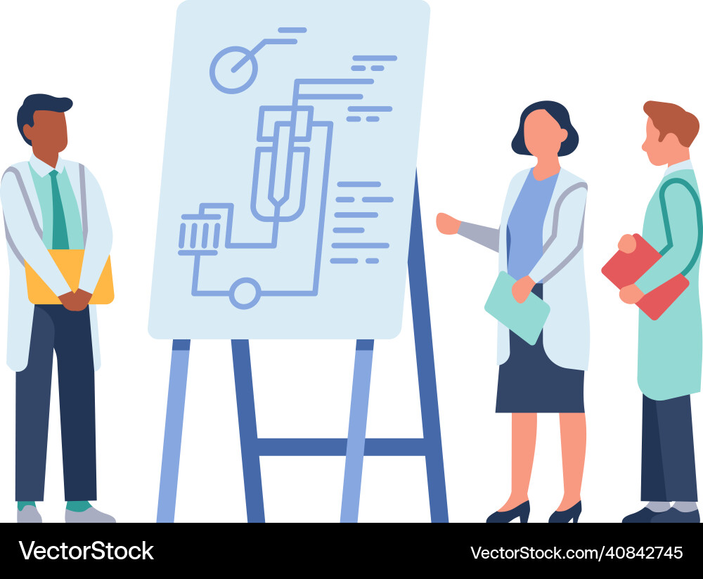 Scientists discussing blueprint laboratory Vector Image