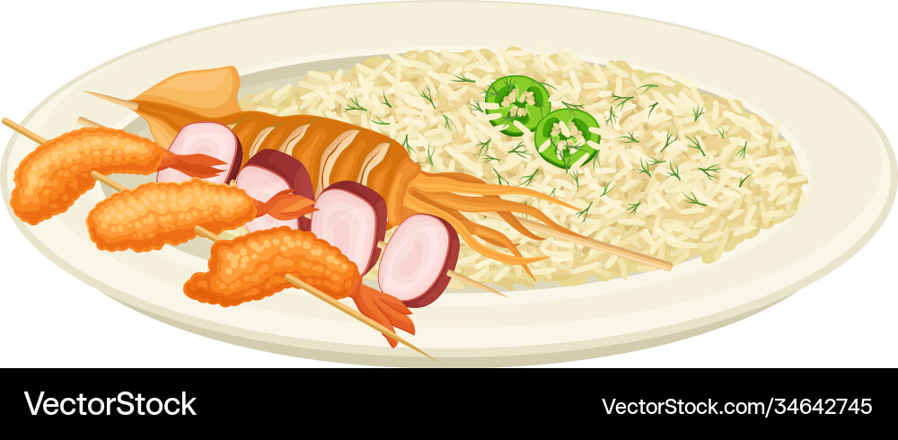 Skewered squid and deep fried shrimps with rice Vector Image