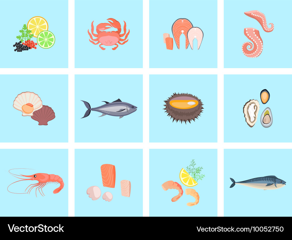 Seafood set design flat fish and crab Royalty Free Vector