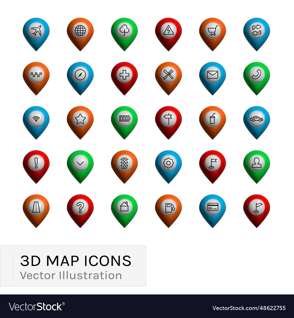 3d map pins set with different icons Royalty Free Vector