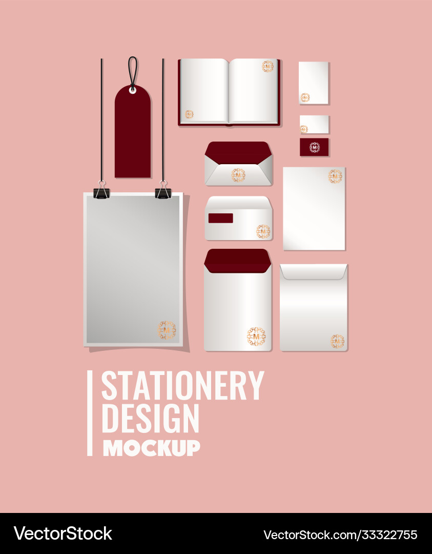 Mockup set with dark red branding design Vector Image