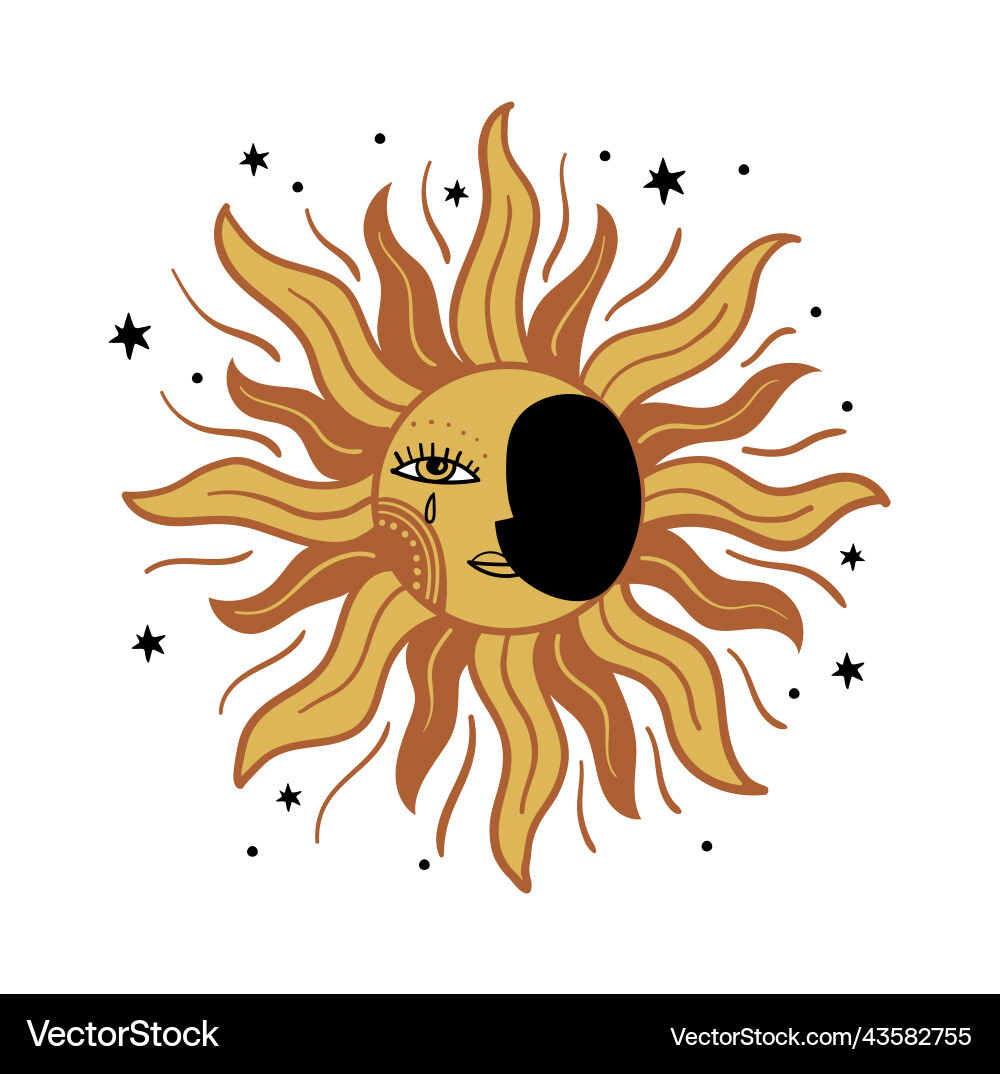 Moon with face and tear golden rays Royalty Free Vector