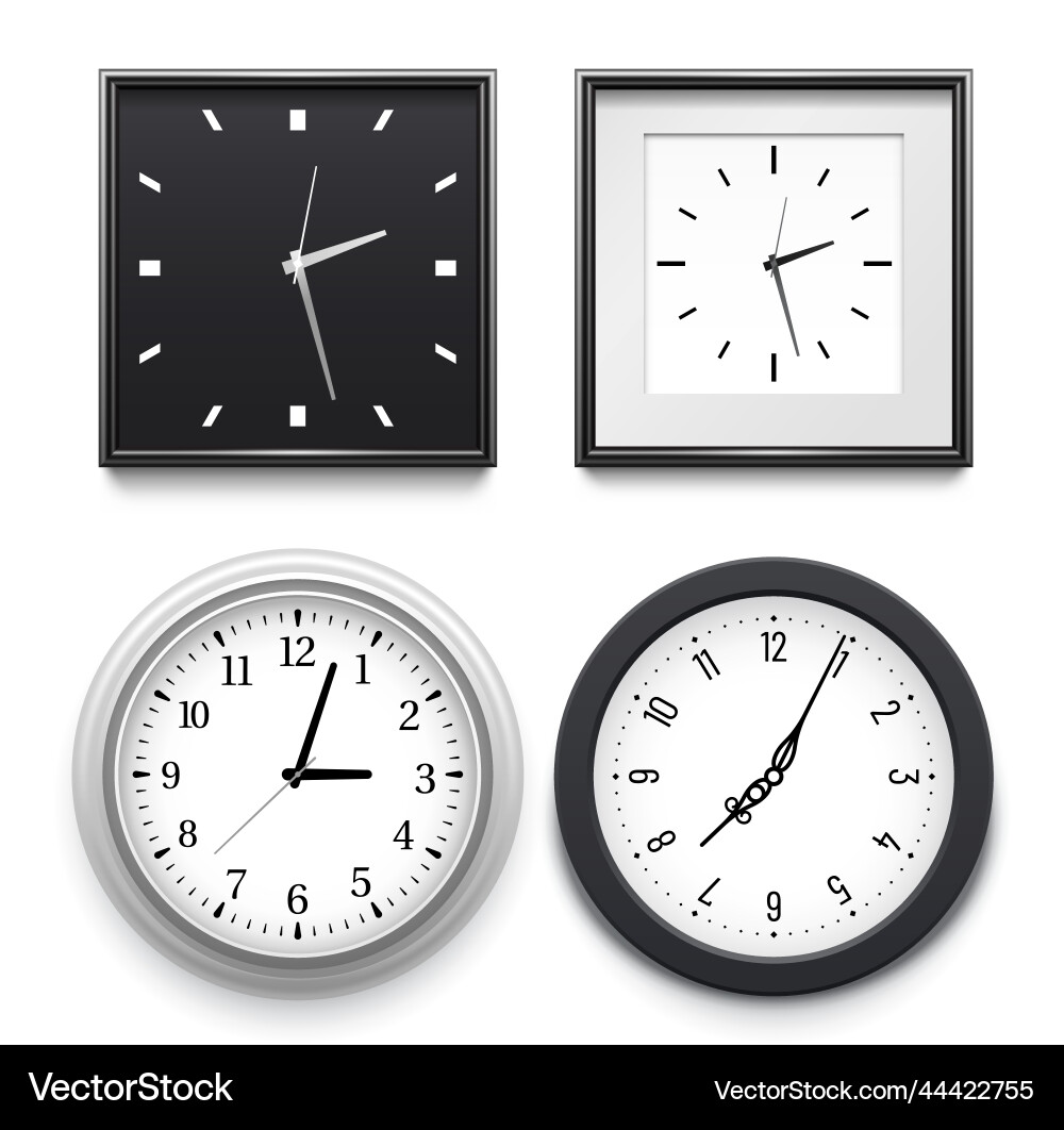 Realistic clocks hanging on wall round and square Vector Image