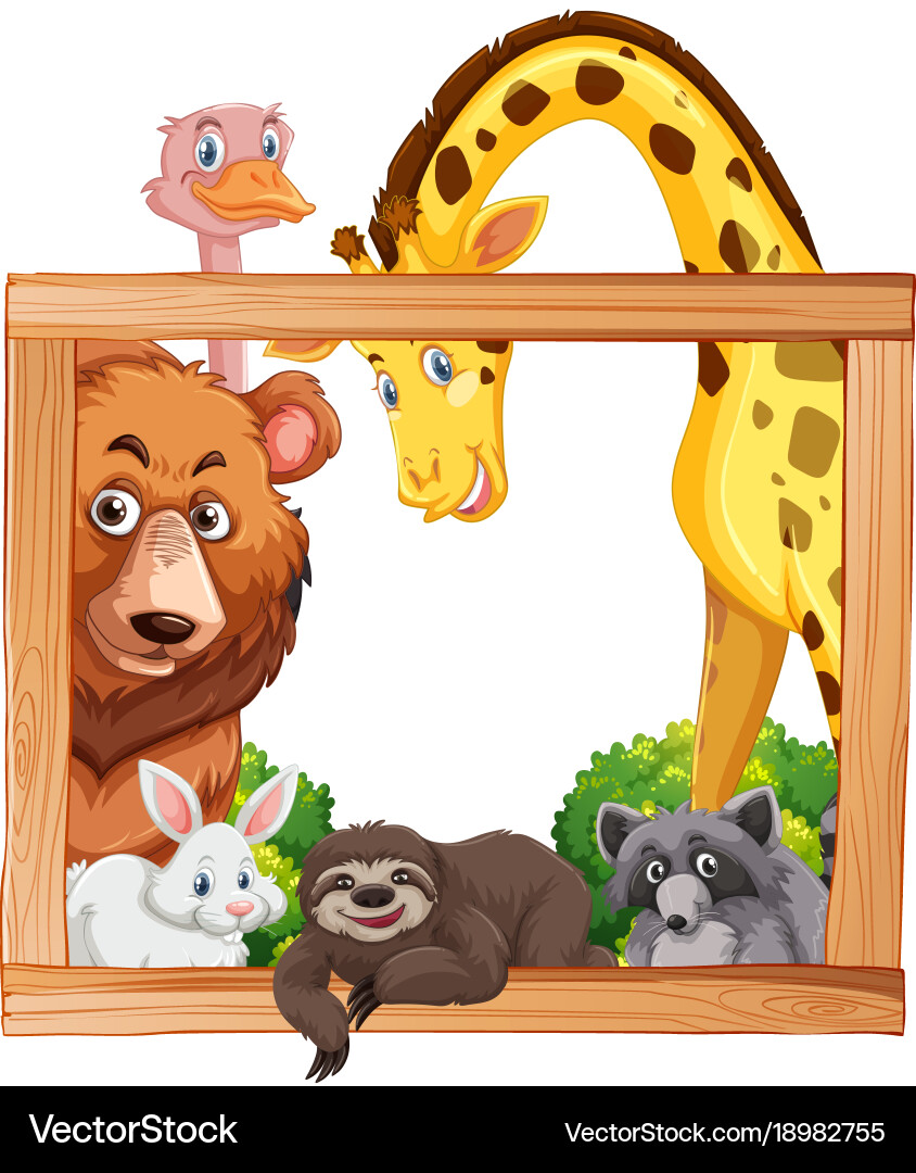 Wooden frame with wild animals Royalty Free Vector Image