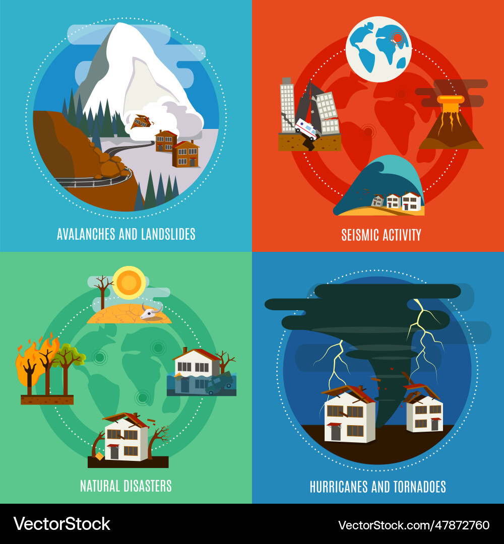 Natural disaster 4 flat icons set Royalty Free Vector Image