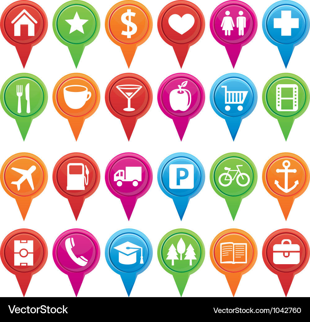 Set of bright markers for map and plan Royalty Free Vector