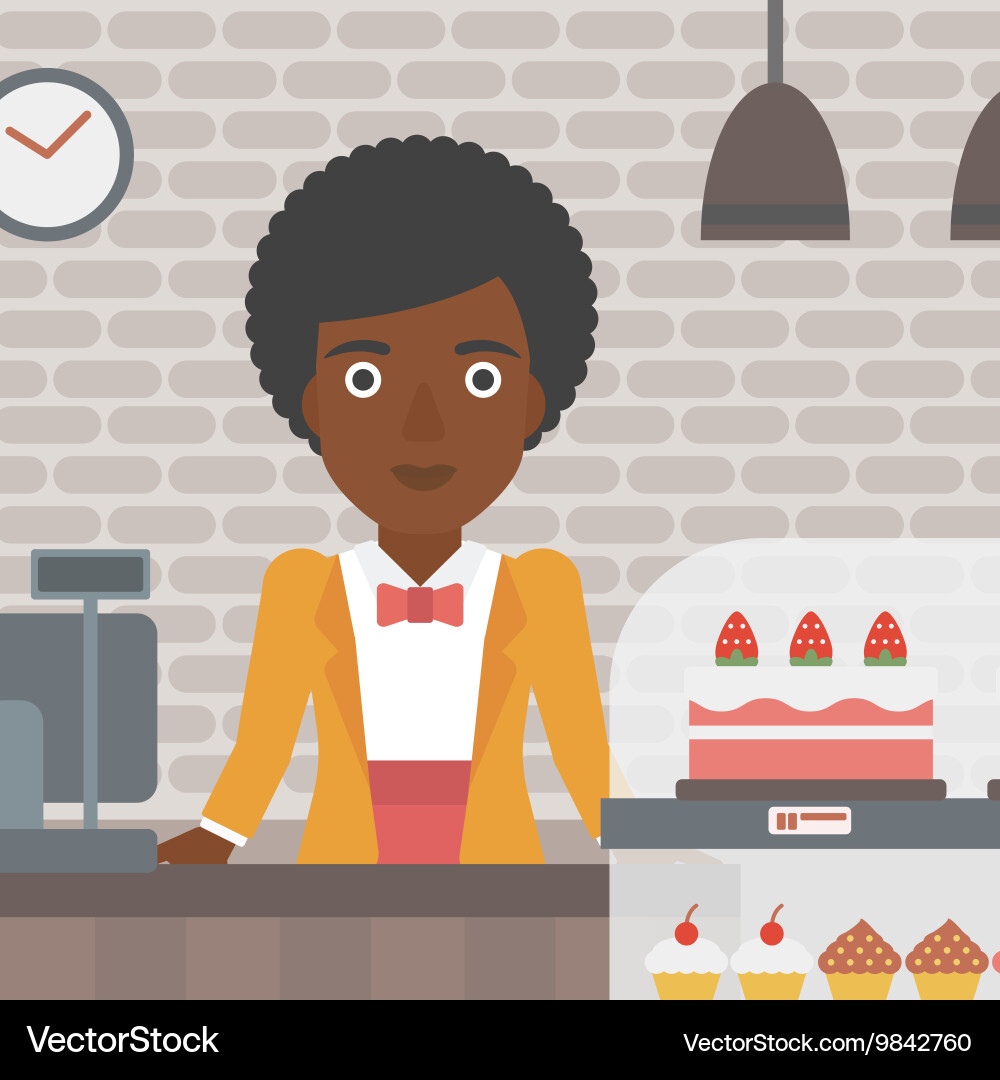 Worker standing behind the counter at the bakery Vector Image