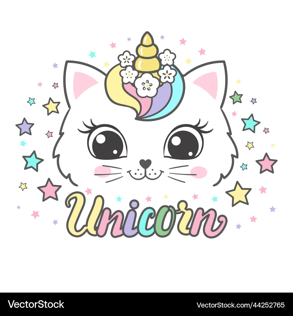 Cat unicorn with rainbow mane unicorn text Vector Image
