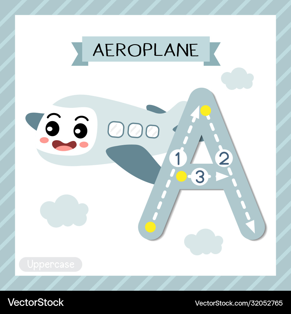 Letter a uppercase tracing aeroplane Royalty Free Vector