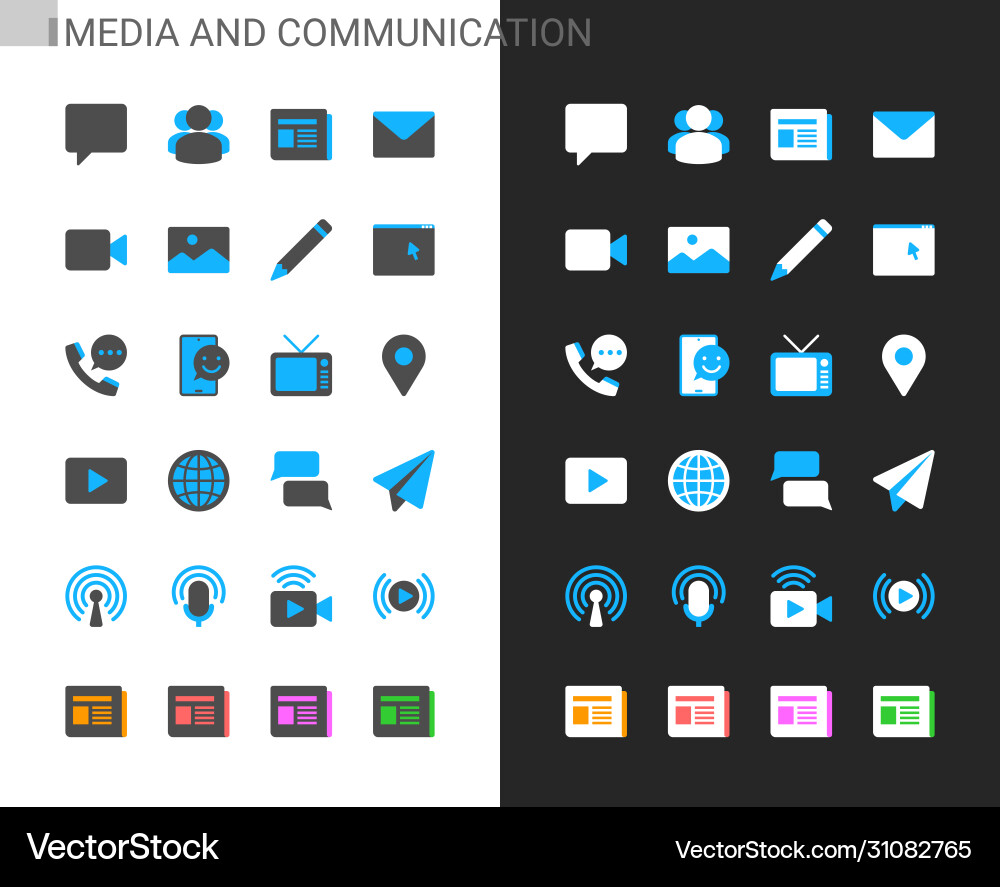 Media and communication icons light and dark theme