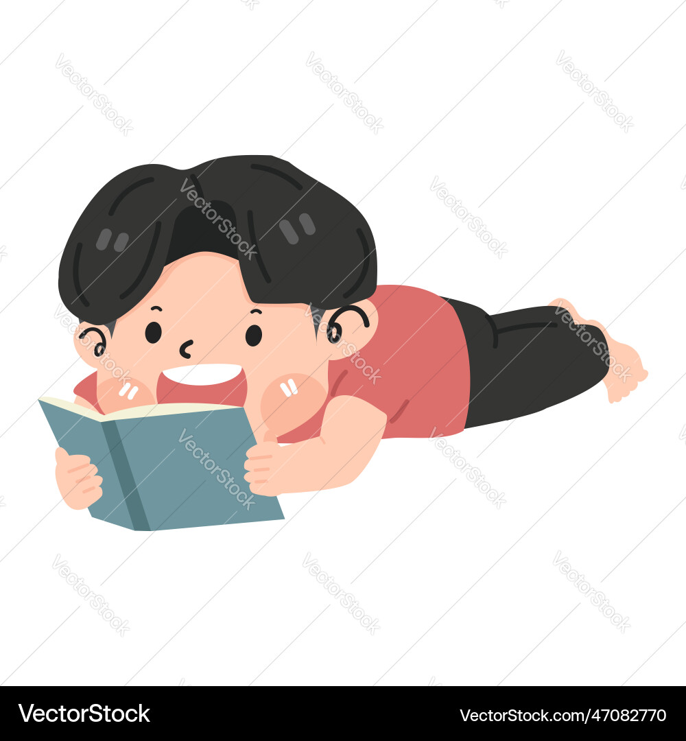 Cartoon reading kid lying with book Royalty Free Vector