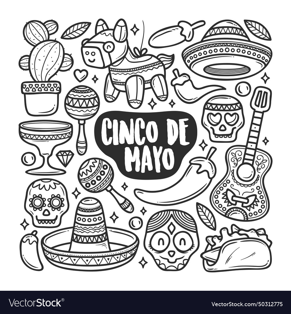 Cinco de mayo icons hand drawn doodle coloring Vector Image