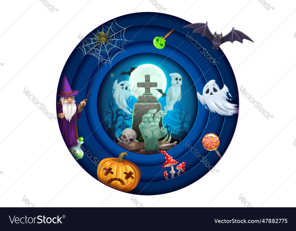 Halloween paper cut cartoon characters on cemetery