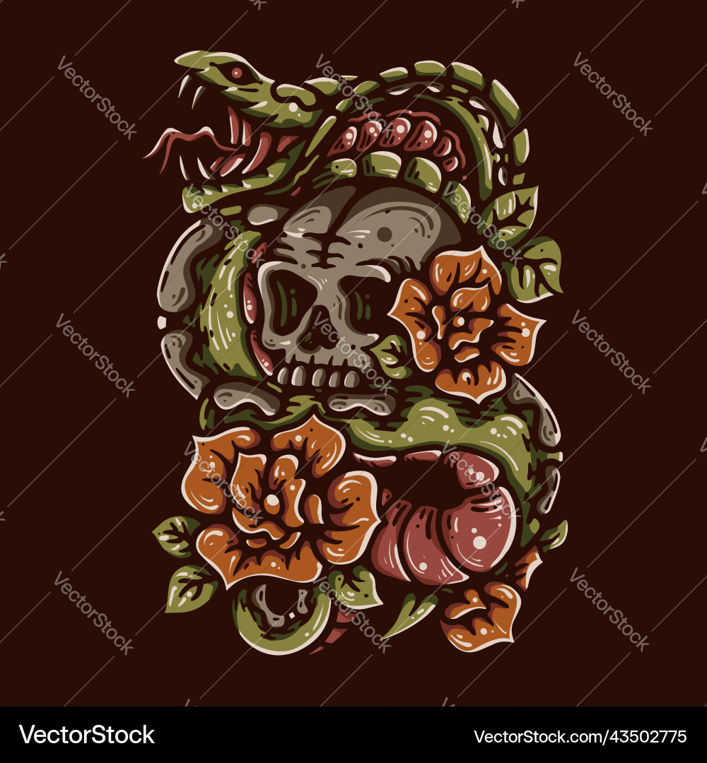 Skull entangled by a snake with brown background Vector Image