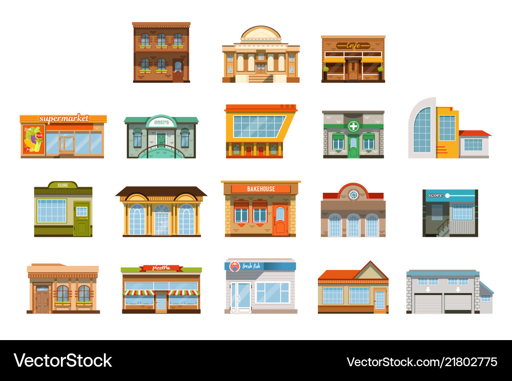 Store shop front window buildings icon set flat Vector Image
