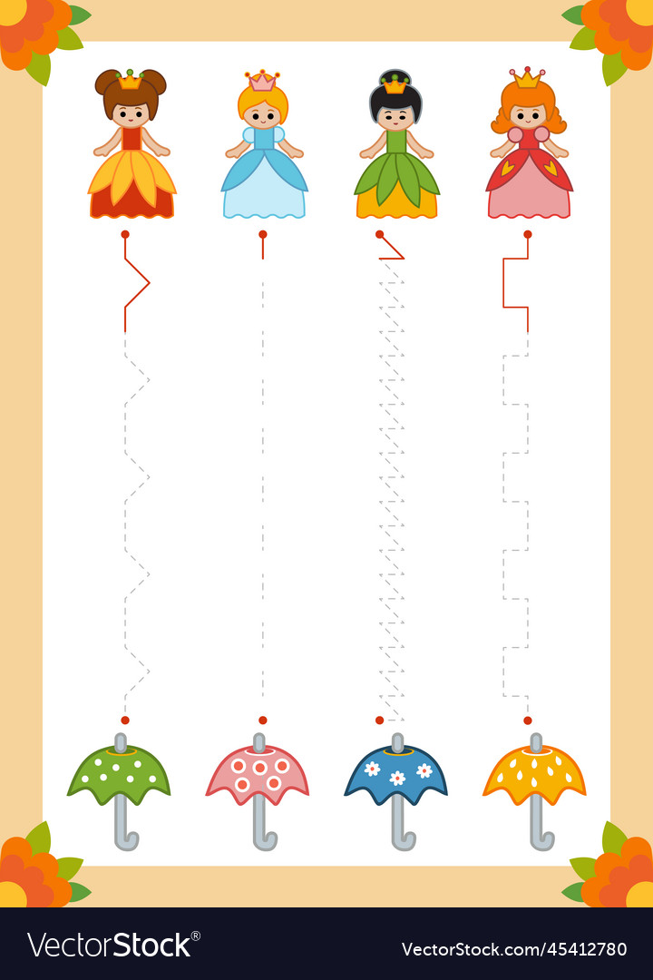 Trace the dotted lines from princesses Royalty Free Vector
