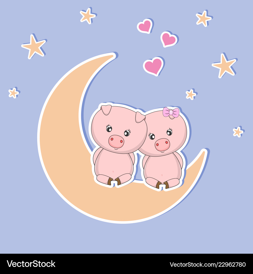 Two cute pigs on the moon at night Royalty Free Vector Image