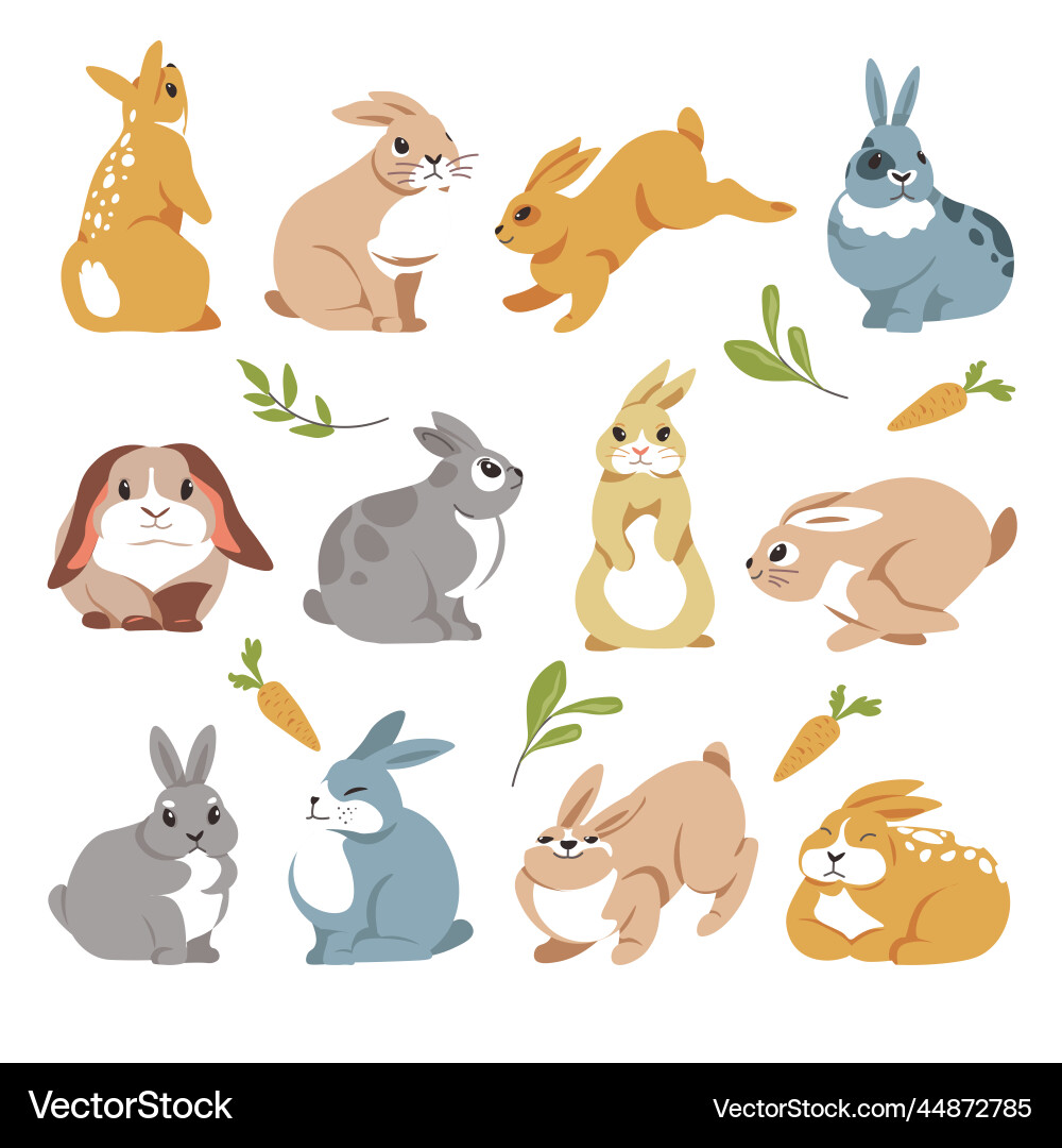 Rabbits jumping and sitting hares characters Vector Image