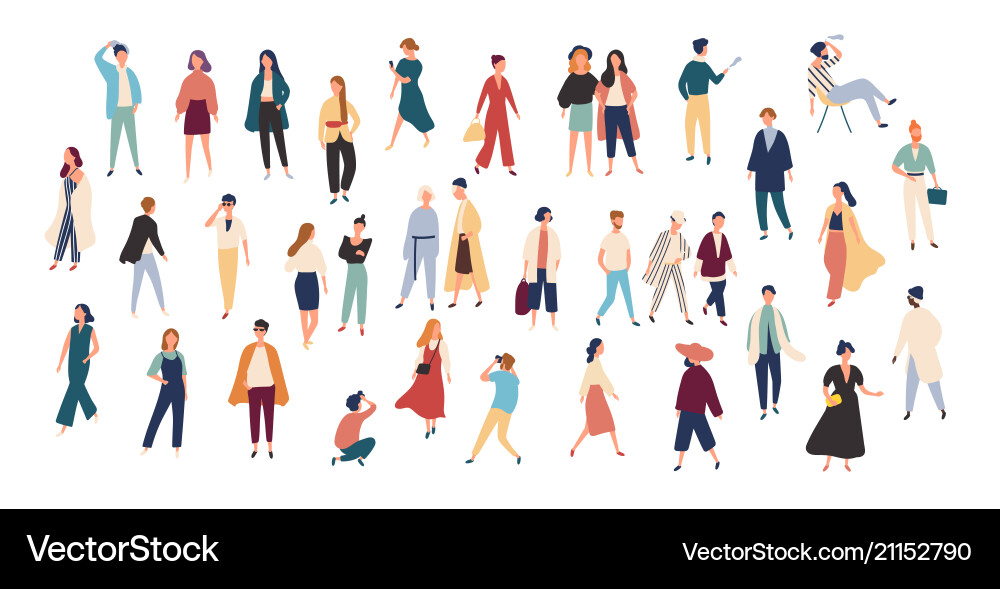 Crowd tiny people wearing stylish clothes Vector Image