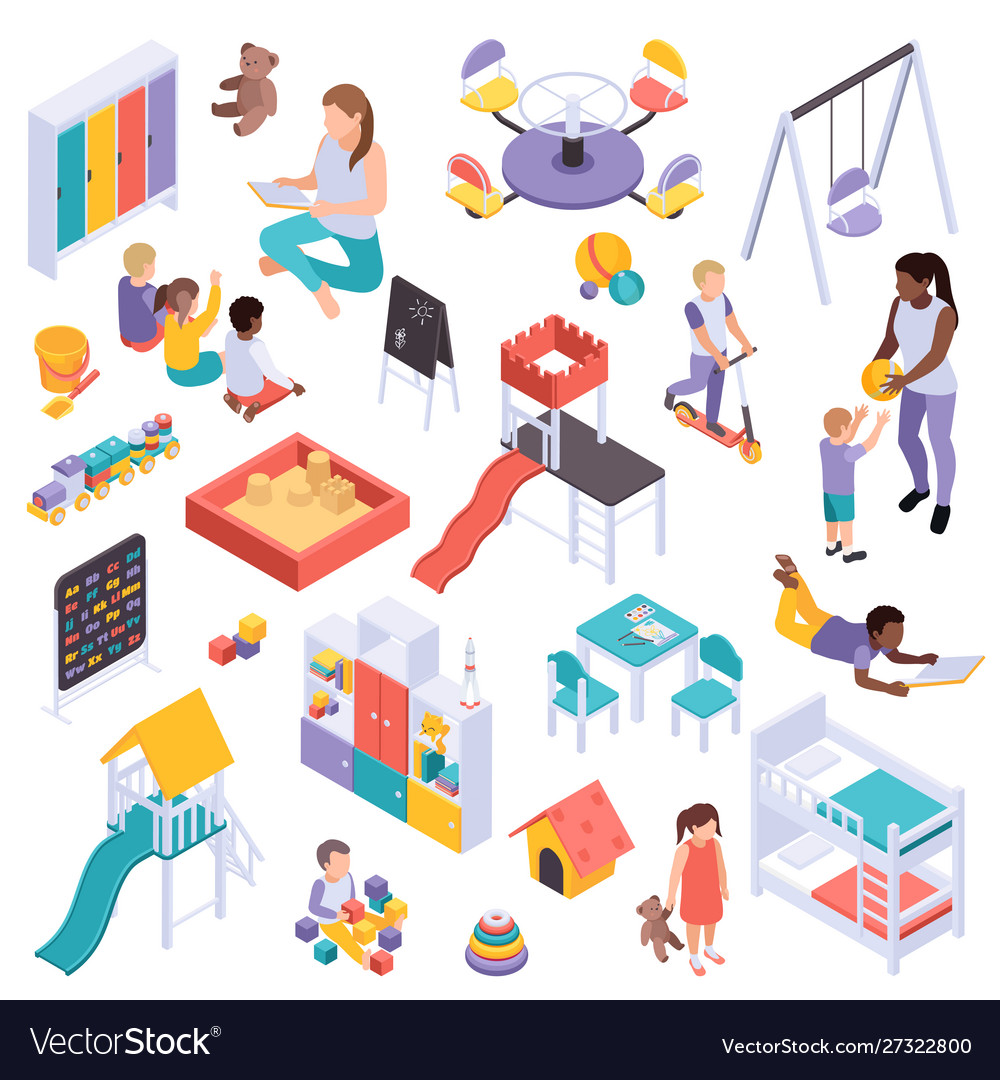 Kindergarten elements isometric set Royalty Free Vector
