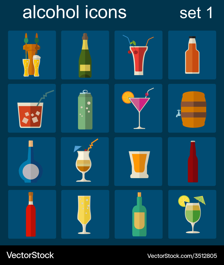 Alcohol drinks icons 16 flat icons set Royalty Free Vector