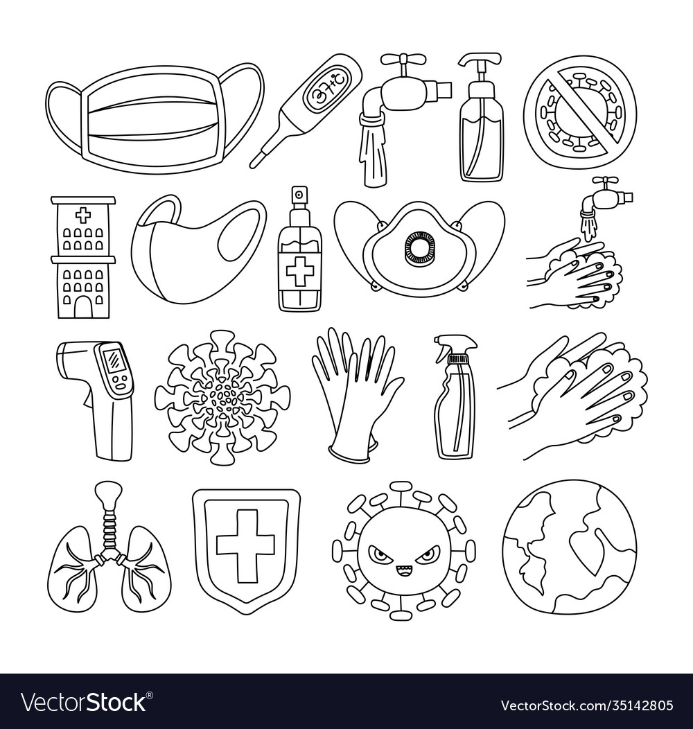 Bundle covid19 doodle line with white background Vector Image