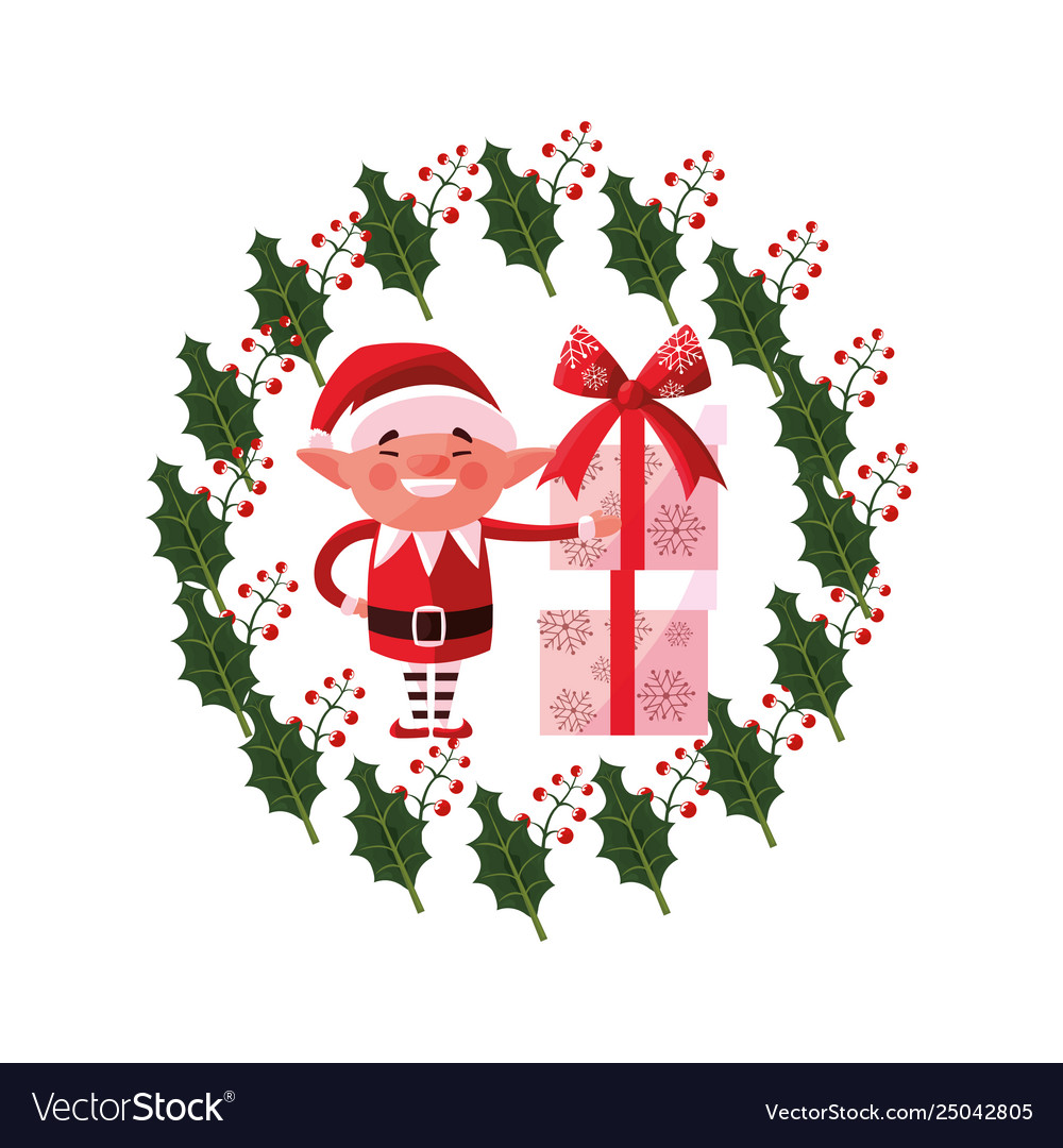 Christmas elf and gift wreath decoration Vector Image