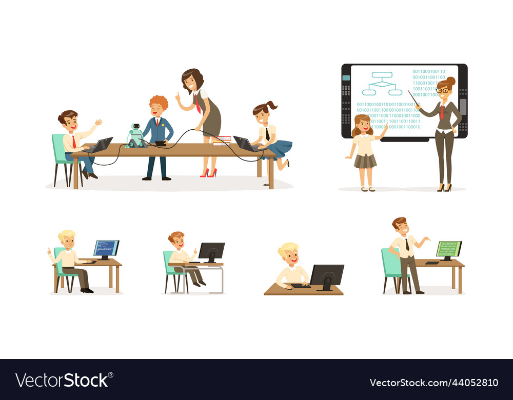 Elementary school students at programming lesson Vector Image