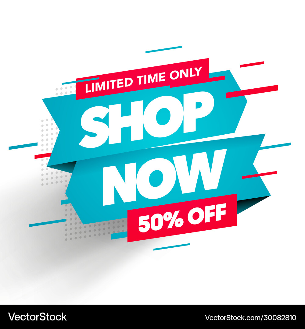 Shop now label banner with glitch effect Vector Image