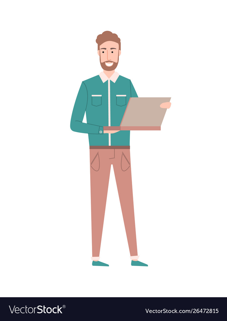 Man leading business male with laptop programming Vector Image