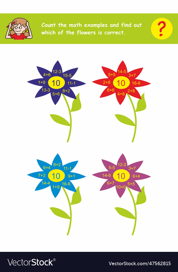 Math educational page flowers numbers Royalty Free Vector