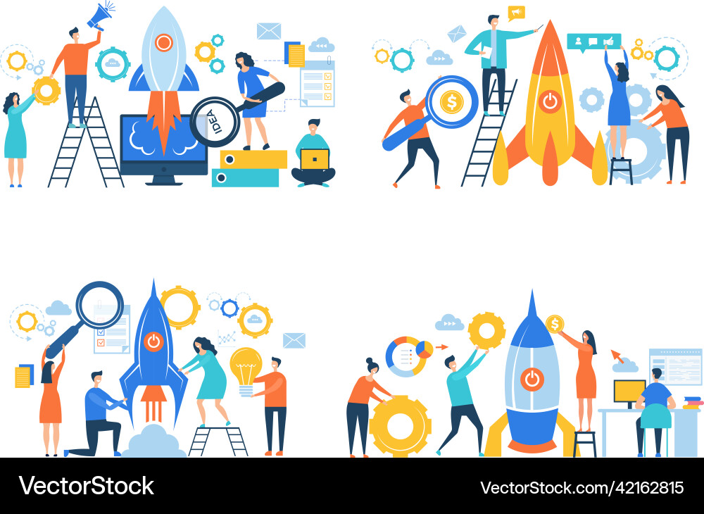 Startup business characters rocket launch success Vector Image