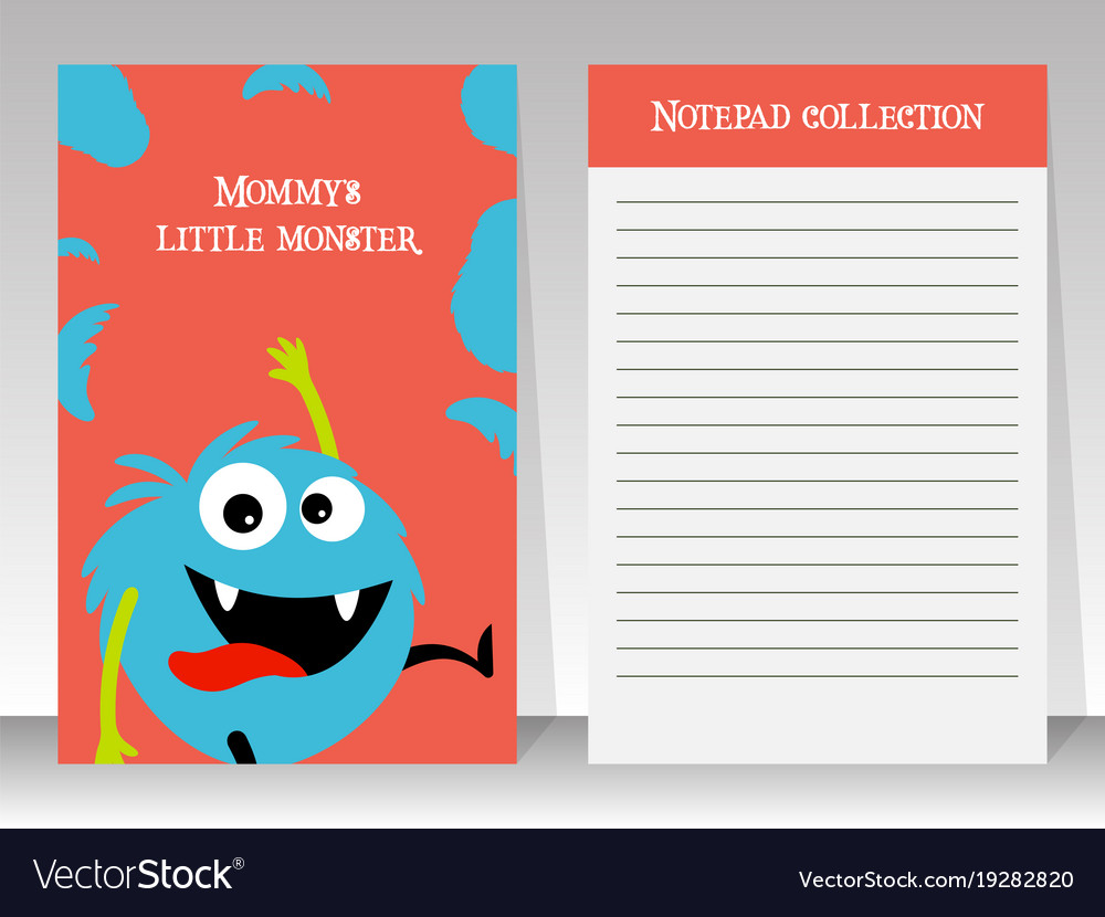 Cute blue monster note book template Royalty Free Vector