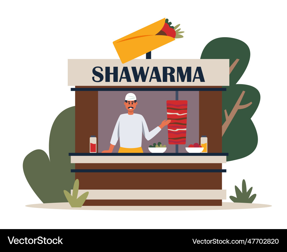 Happy chef in white uniform cooking shawarma Vector Image