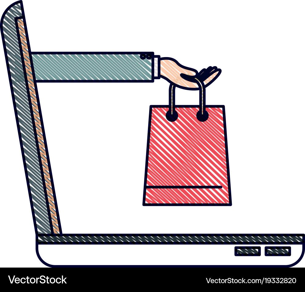 Laptop computer and hand holding shopping bag Vector Image