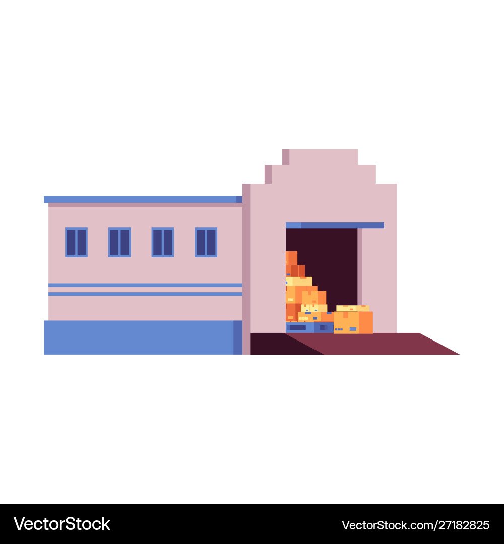 Flat cartoon warehouse building exterior with open